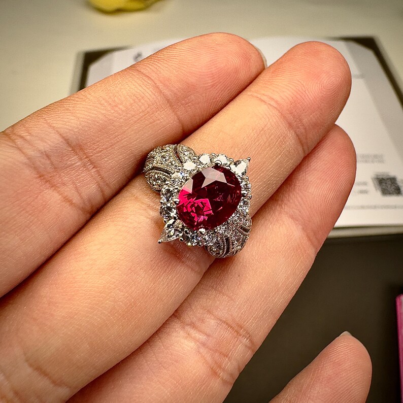 Vintage Ruby Wedding Ring With Oval Center Stone Moissanite Halo and ...