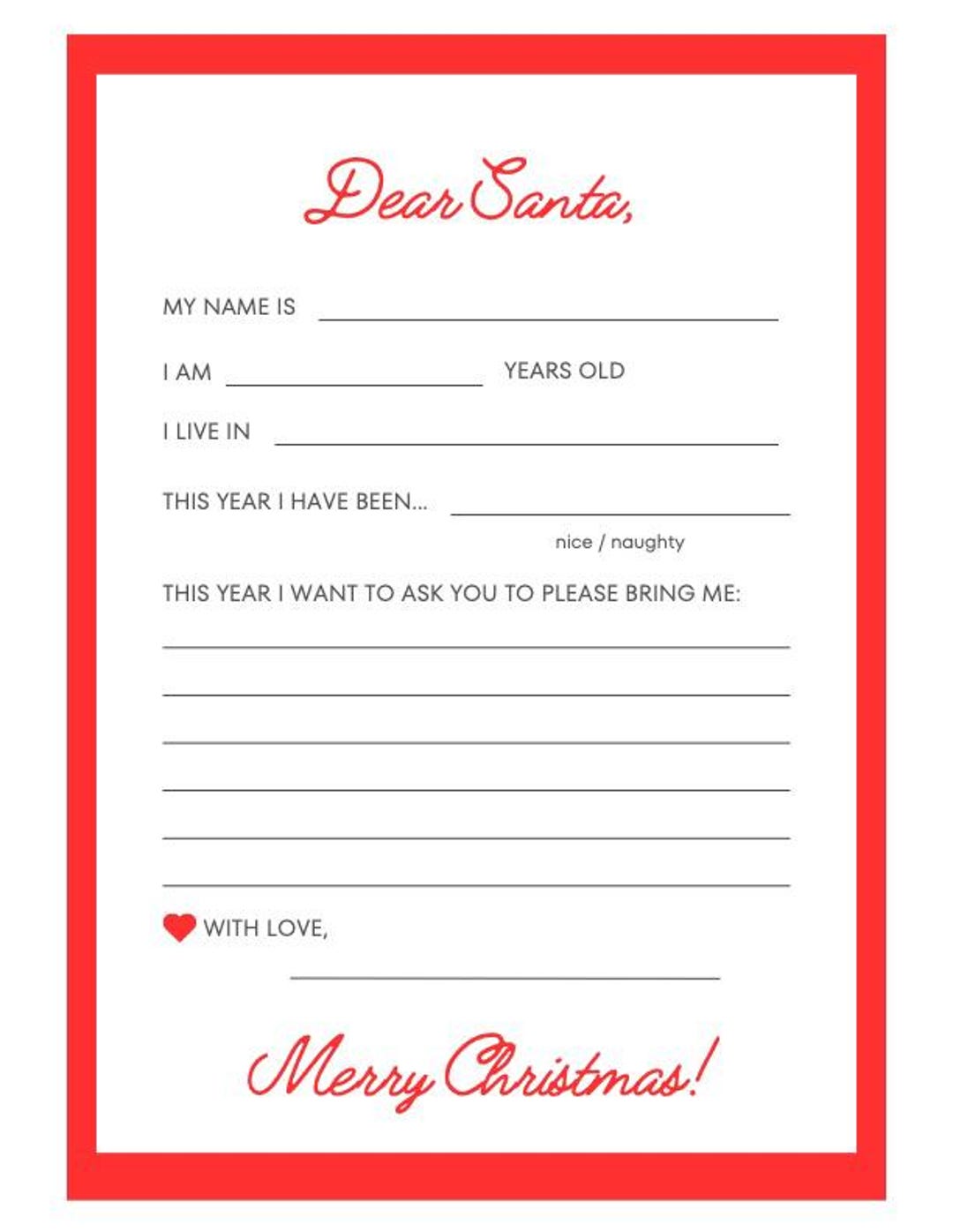 Dear Santa: Personalized Letter Template Instant Download for Kids ...