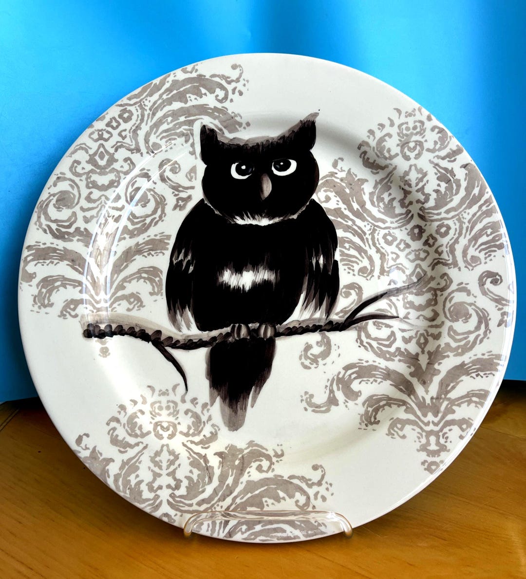 Maxcera Black White Owl Large Ceramic Hand Painted Plate Platter 14 ...