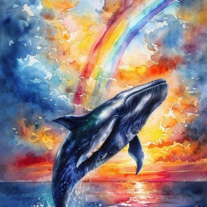Giant Sea Creatures Jumping Out of the Water at Sunset With a Rainbow ...