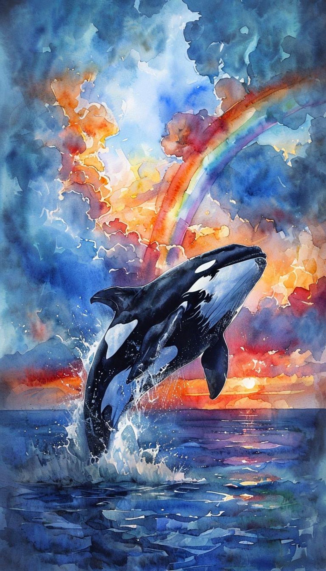 Giant Sea Creatures Jumping Out of the Water at Sunset With a Rainbow ...