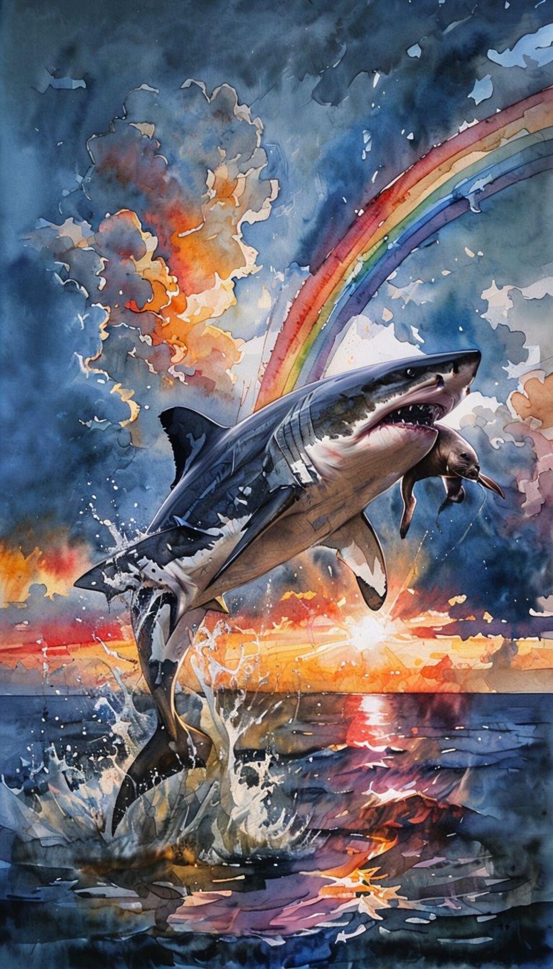 Giant Sea Creatures Jumping Out of the Water at Sunset With a Rainbow ...