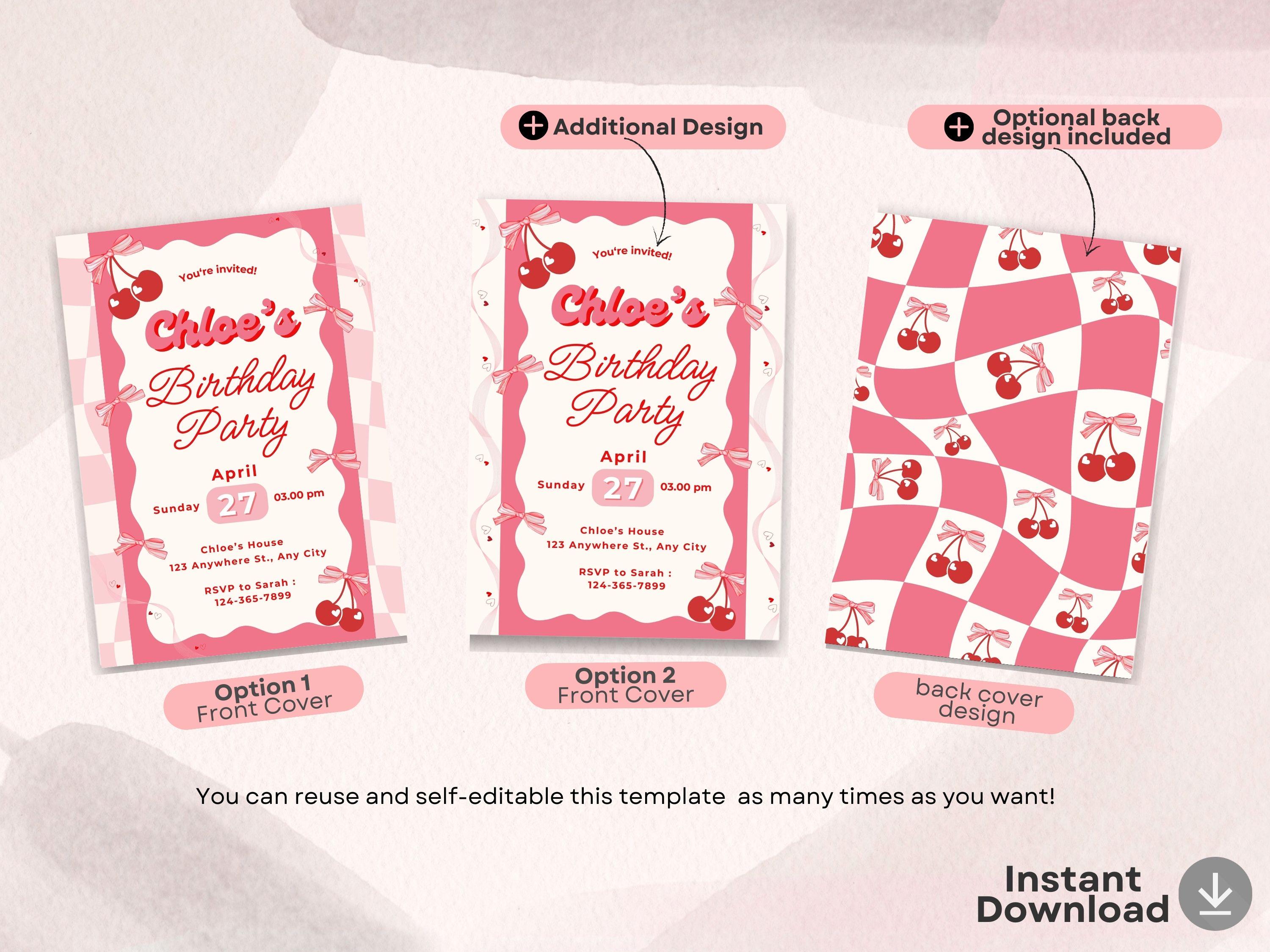 Cherry Coquette Birthday Invitation, Pink Retro Party, Editable Canva ...