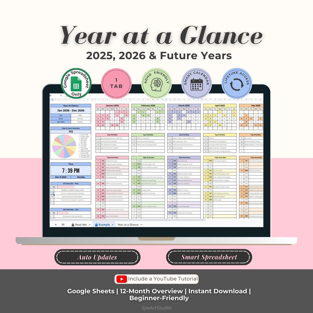 Year at a Glance Google Sheets Annual Planner Yearly Overview & Monthly ...