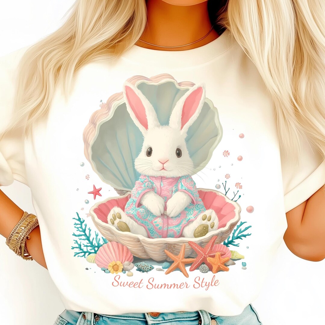 Coquette Sweet Summer Bunny PNG Design, Seashell Beach Rabbit Clipart ...