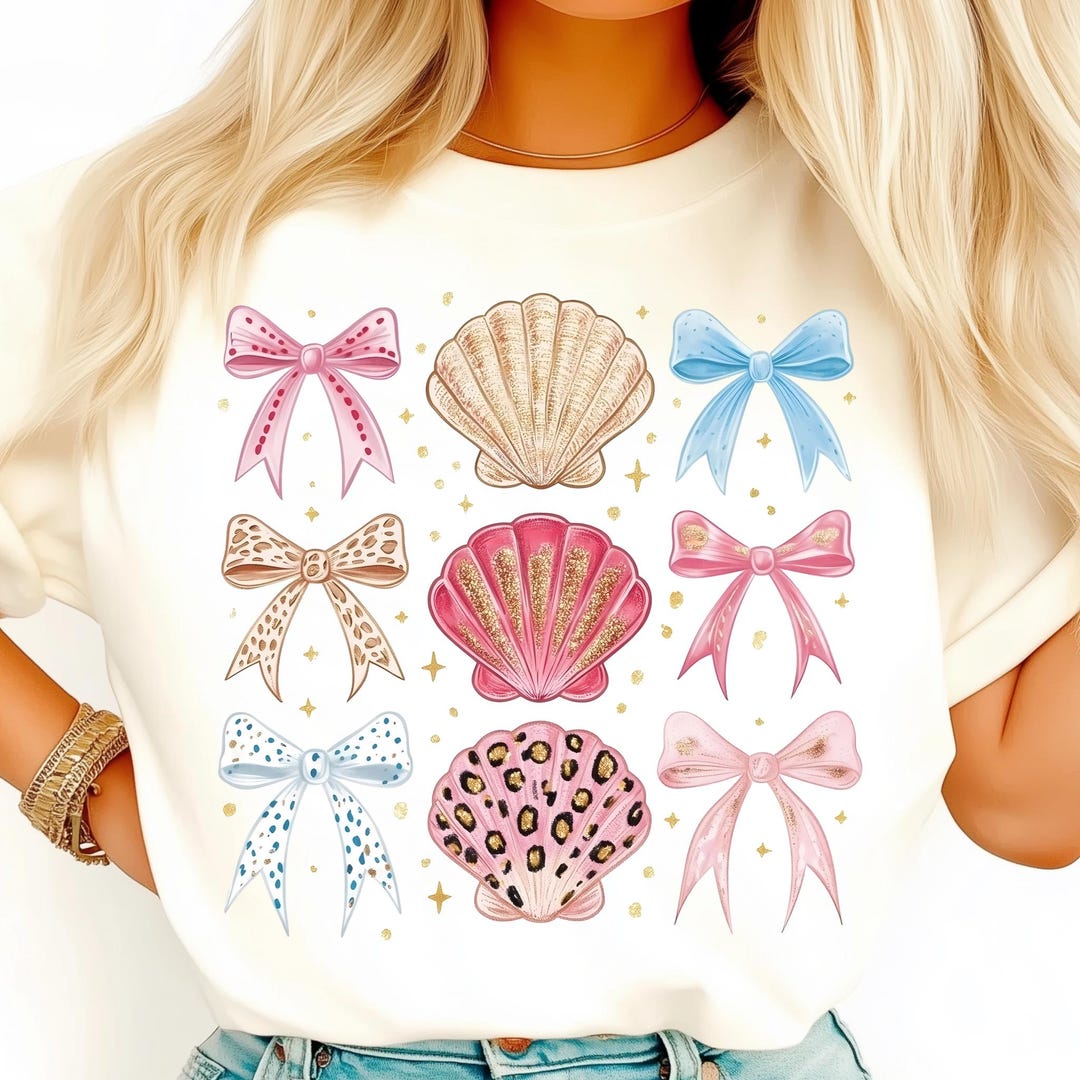 Coquette Summer Bow PNG, Summer Shell Art, Pink Bow Bundle, Blue Bow ...