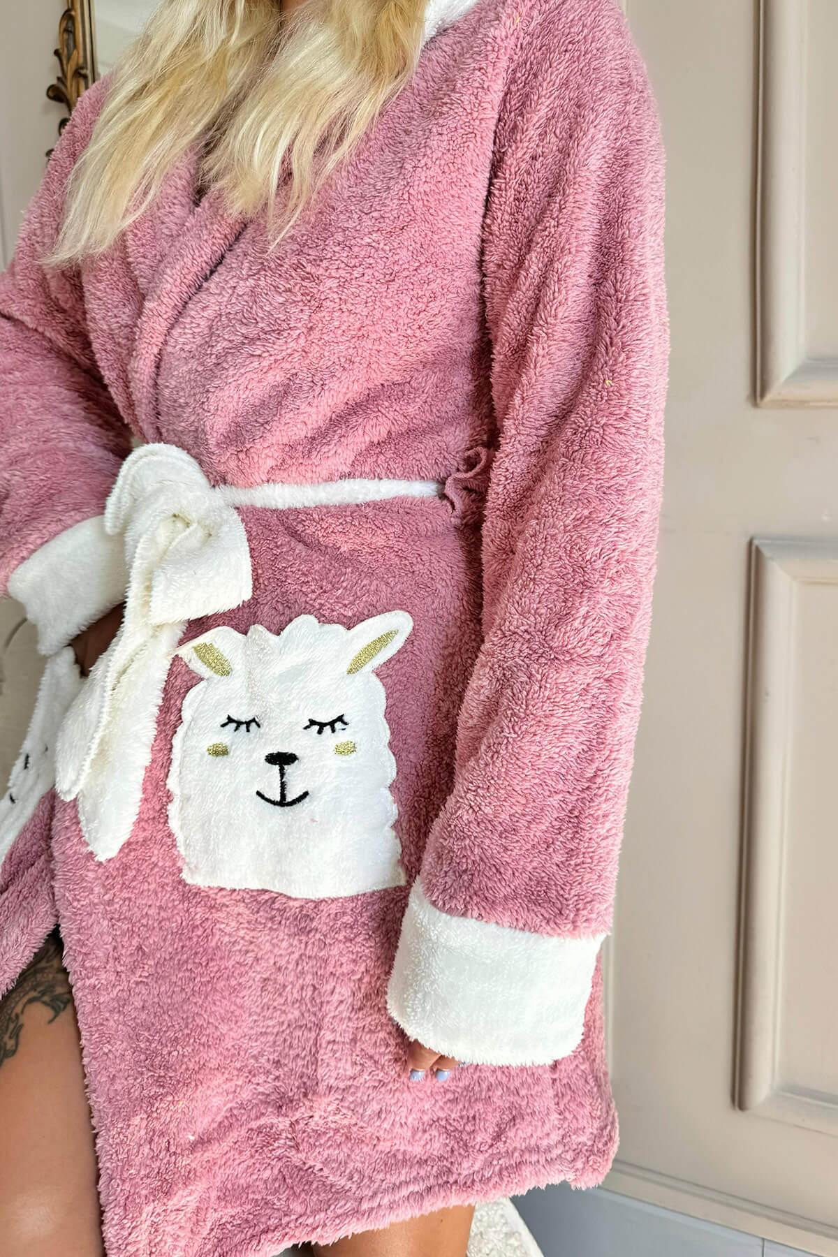 Pink Hooded Plush Robe With Pockets - Women's Soft Fleece Bathrobe ...