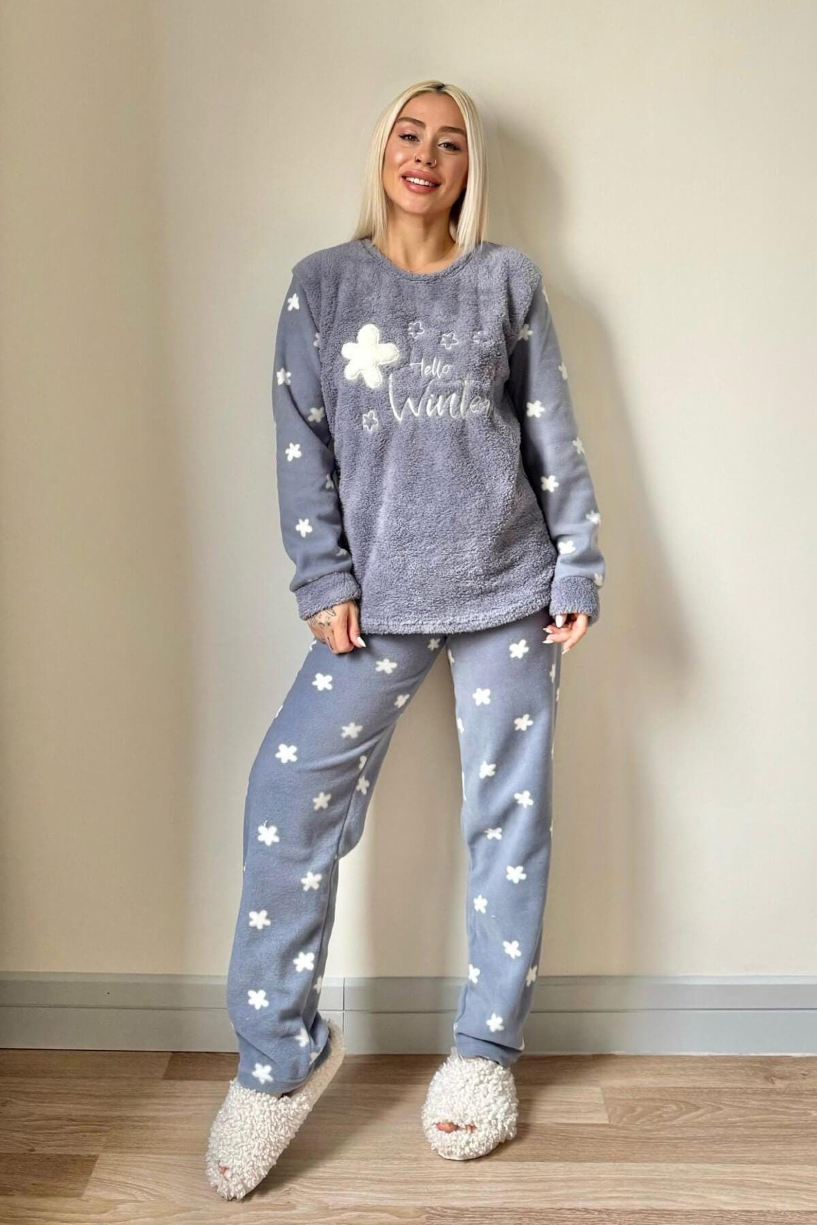 Hello Winter Plush Pajama Set for Women Cozy Fleece Sleepwear,soft Warm ...