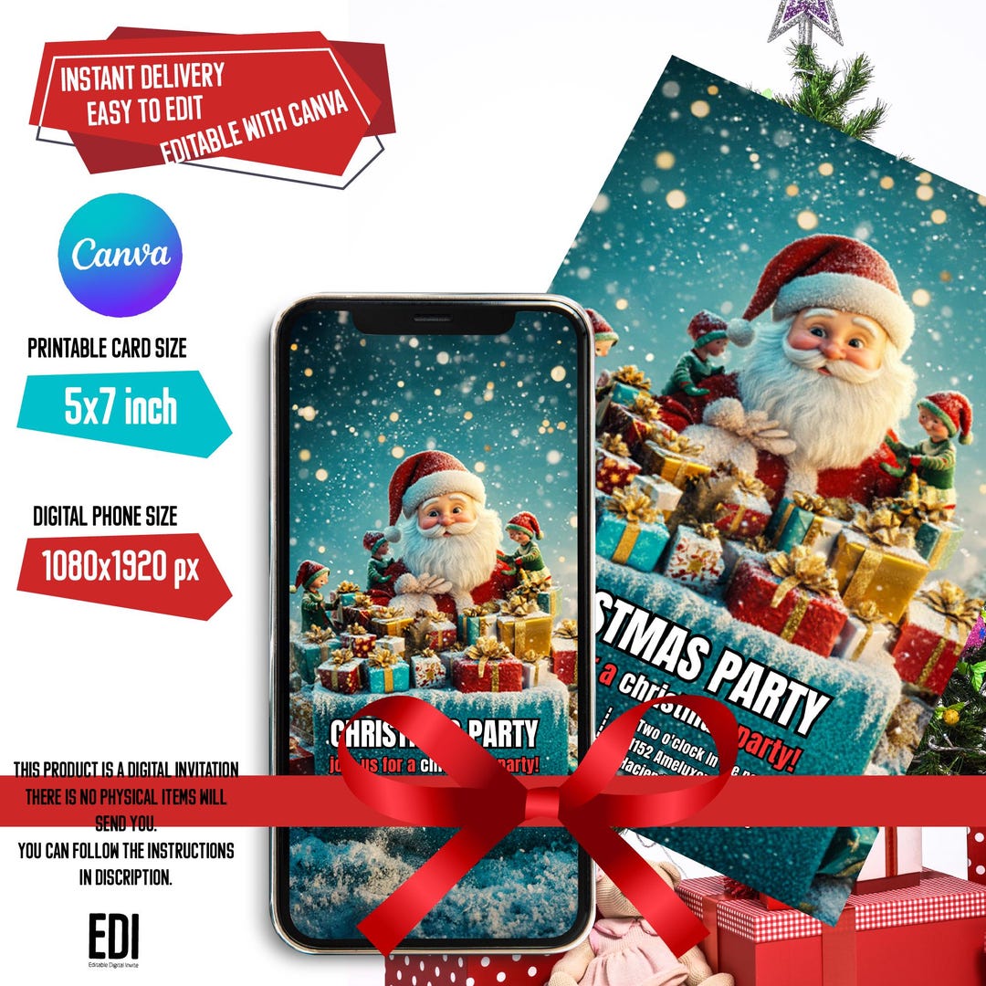 Santa Claus Christmas Invitation Template, Christmas Party Invitation ...