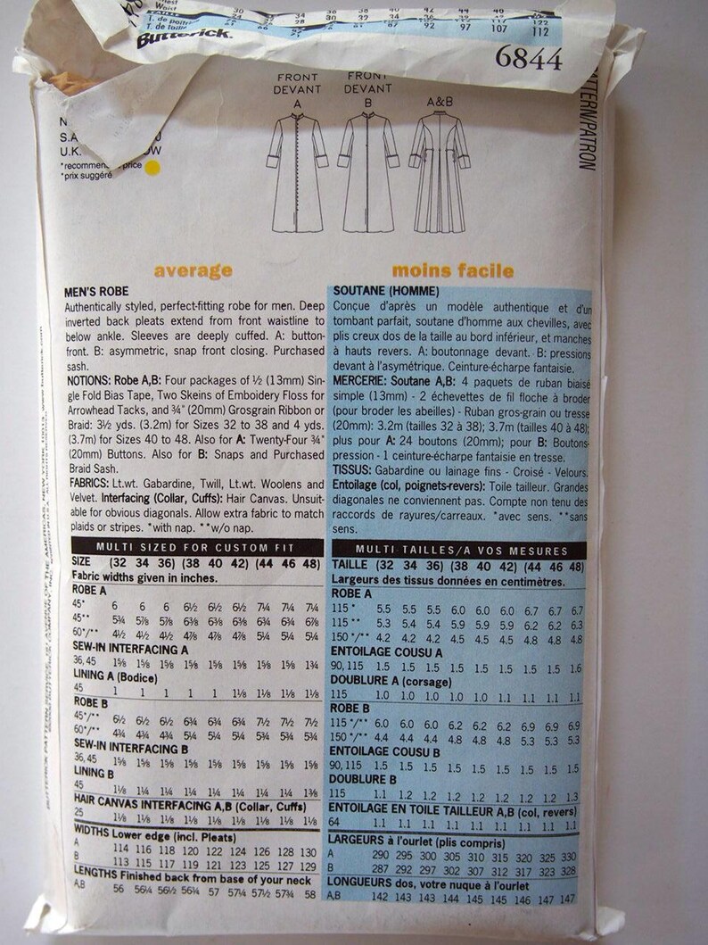 Butterick 6844 - Men's Priest or Clergy Robe Sewing Pattern - Etsy