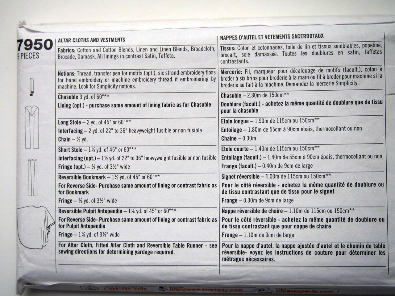 Simplicity 7950, Clergy Vestments and Altar Cloths Including Chasuble ...