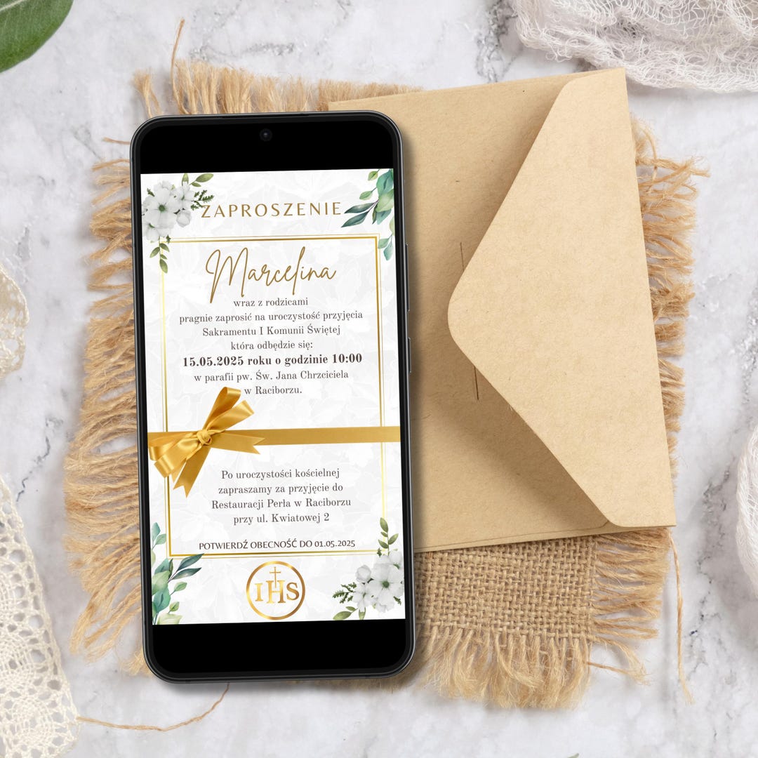 E-card Holy Communion, Canva Template Mobile Card, Gold Holy Communion ...