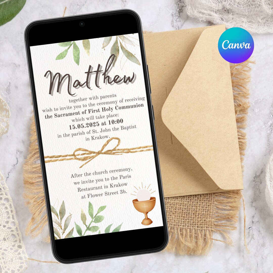 E-card Holy Communion, Canva Template Mobile Card, Rustic Holy ...