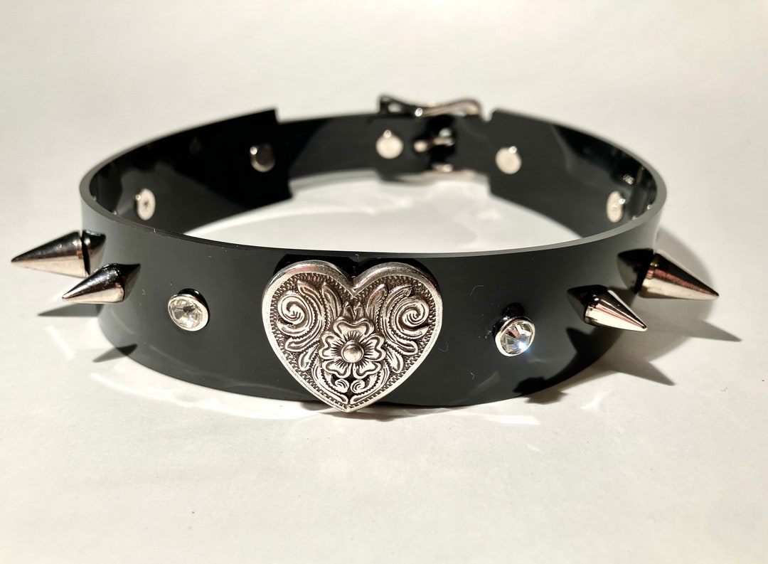 Black PVC Heart Concho Rhinestone Spike Collar - Etsy