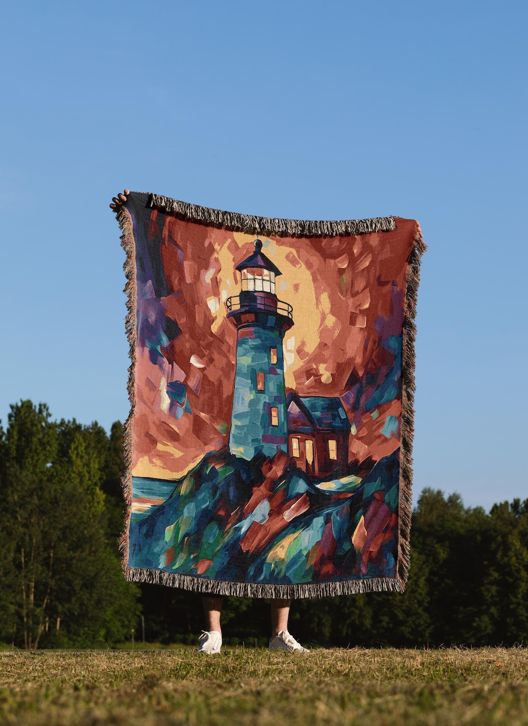 Lighthouse Oil Painting Woven Blanket, Gift for Him or Her, Gift for ...