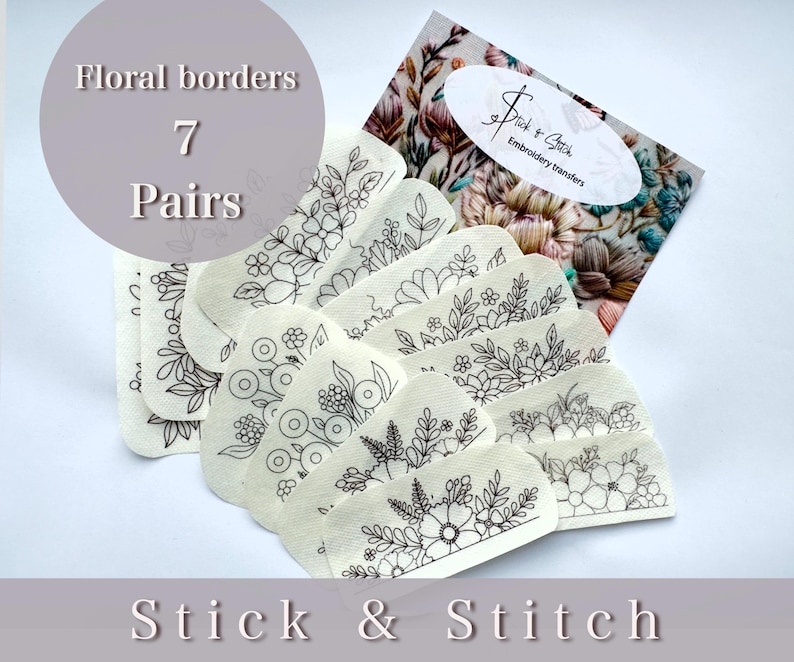 7 Pairs of Floral Border Stick and Stitch Embroidery Designs, Flower ...
