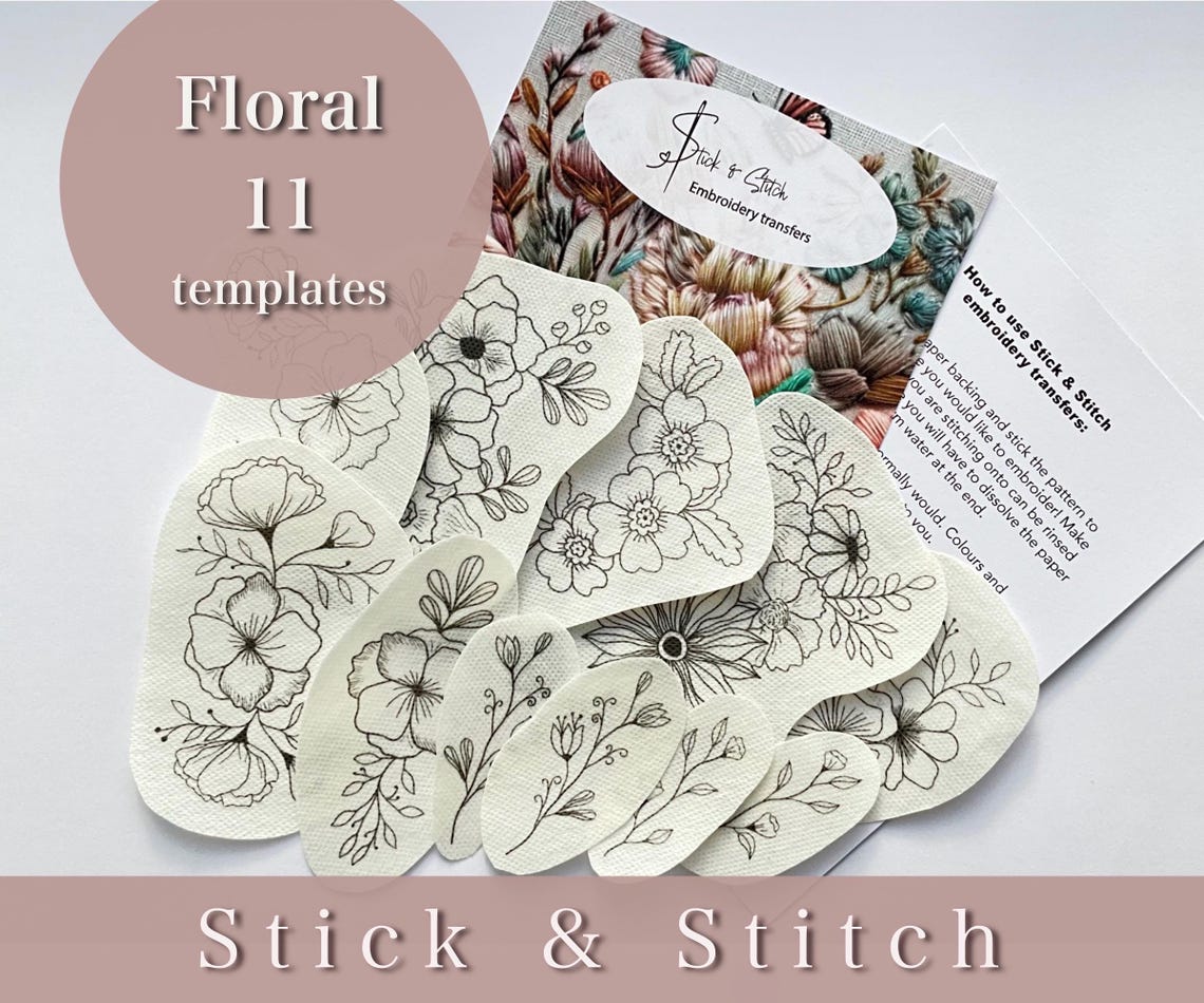 Floral Stick and Stitch Embroidery Designs: 11 Flower Templates - Etsy