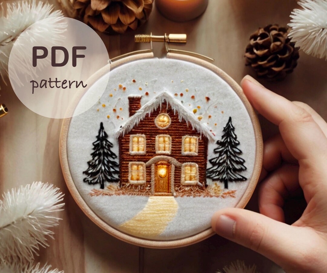 Hand Embroidery Pattern, Log Cabin in the Woods Christmas Design ...