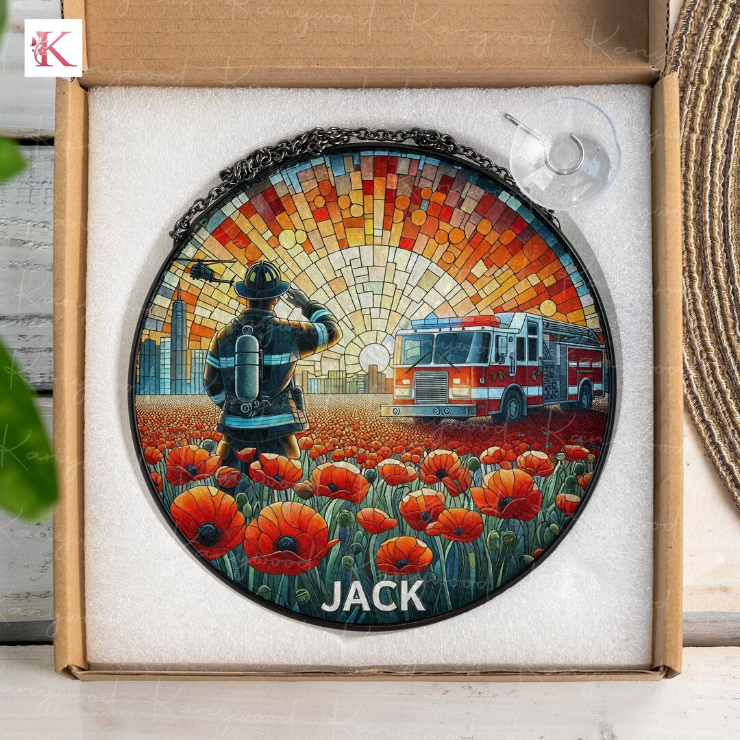 Personalized Memorial Firefighter Glass Suncatcher Honoring Our Heroes ...