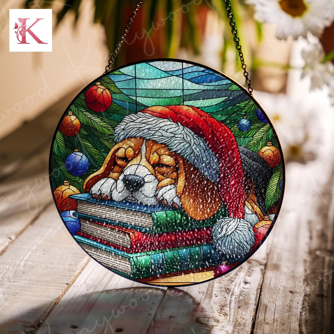 Christmas Beagle Sleeping Over Book Stack GLASS Suncatcher, Xmas Decor ...