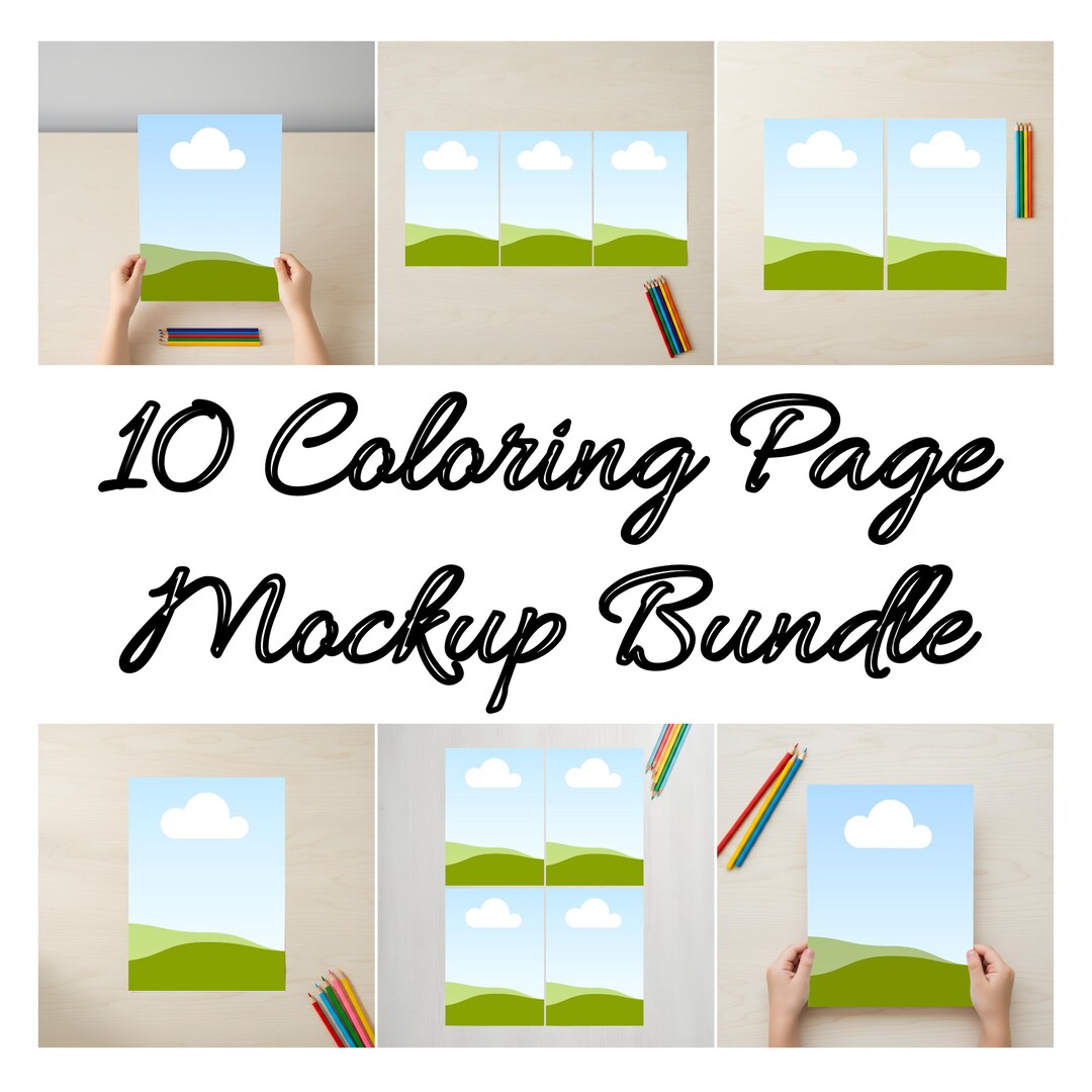 Kids Coloring Page Mockup Bundle, 10 Paper Mock Ups With Colored ...