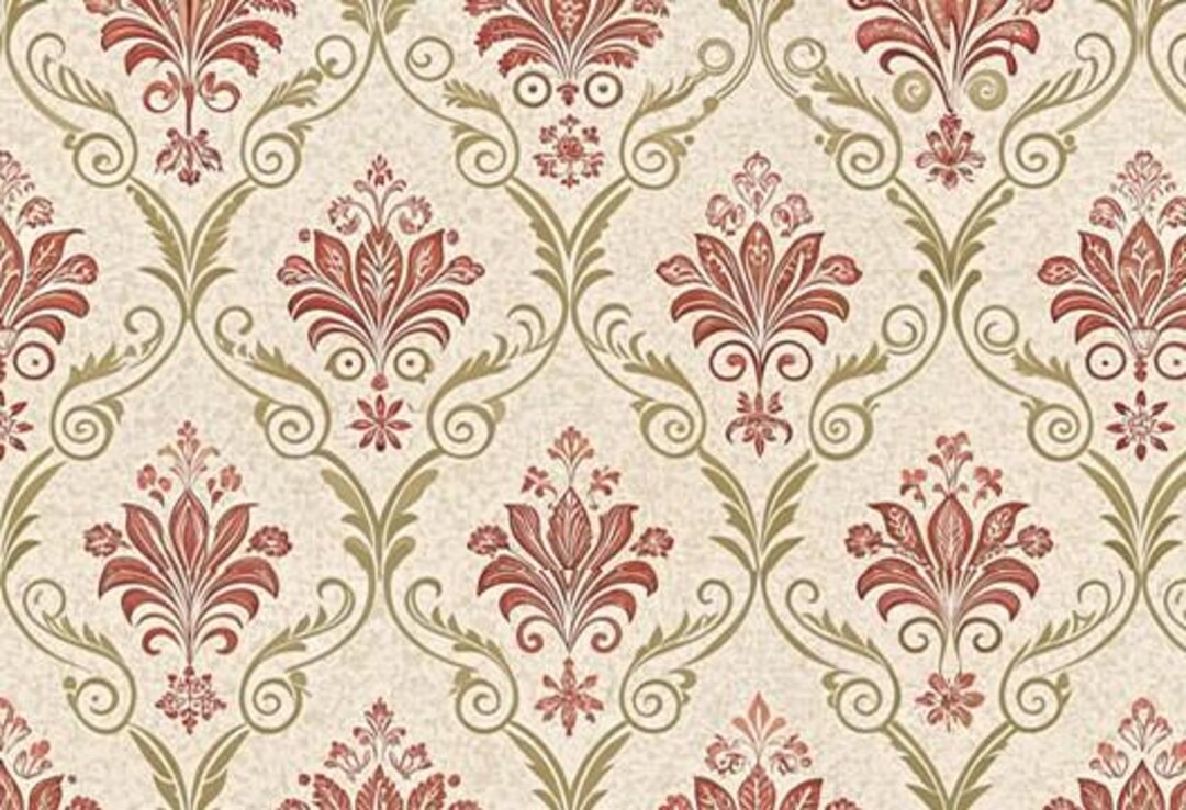 1/6 1/12 1/24 Dollhouse Red & Olive Damask Floral Wallpaper | Vintage ...