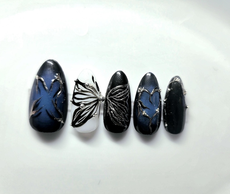 Black and Blue Handmade Silver Butterfly and Chrome Press on Nails ...