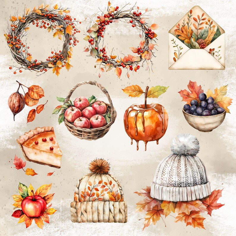 Autumn Fall Clipart, Autumn PNG, Watercolor Autumn Elements Clipart ...