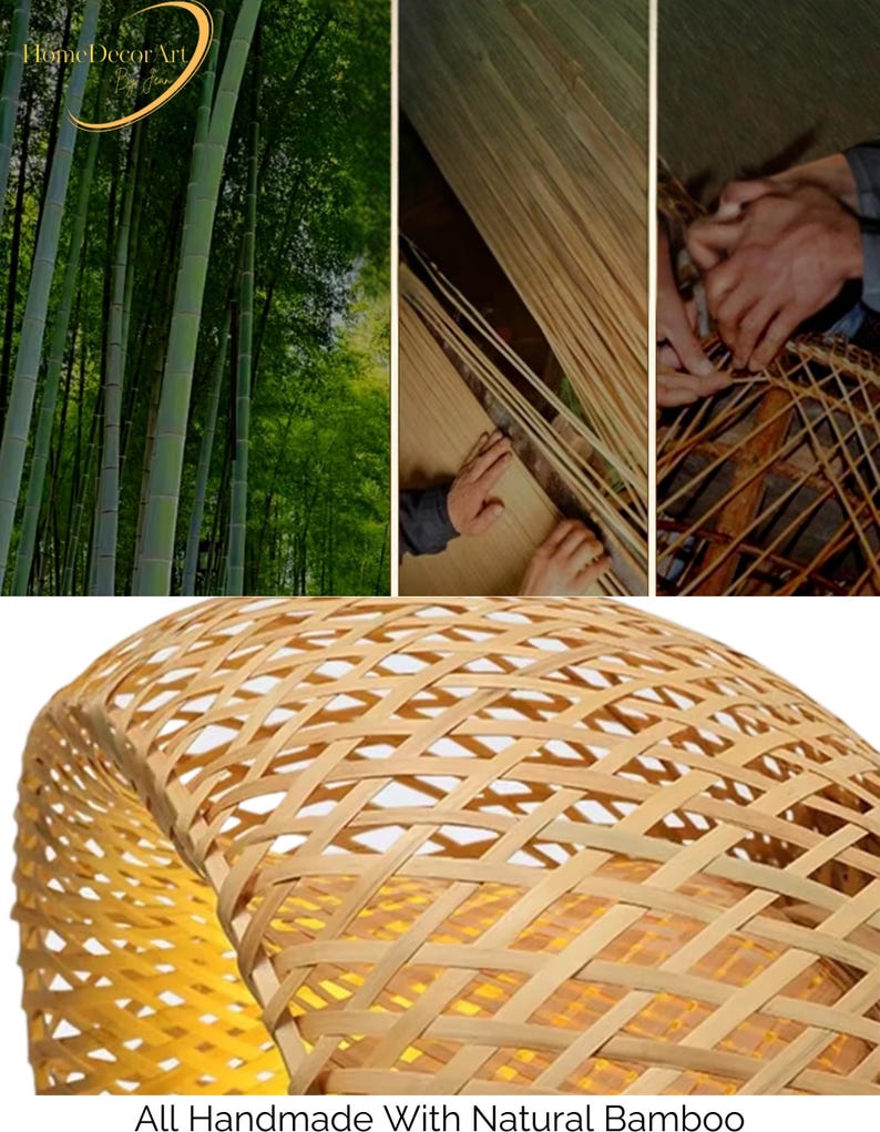 Handwoven Bamboo Pendant Lamp Natural Light Fixture Boho Eco-friendly ...