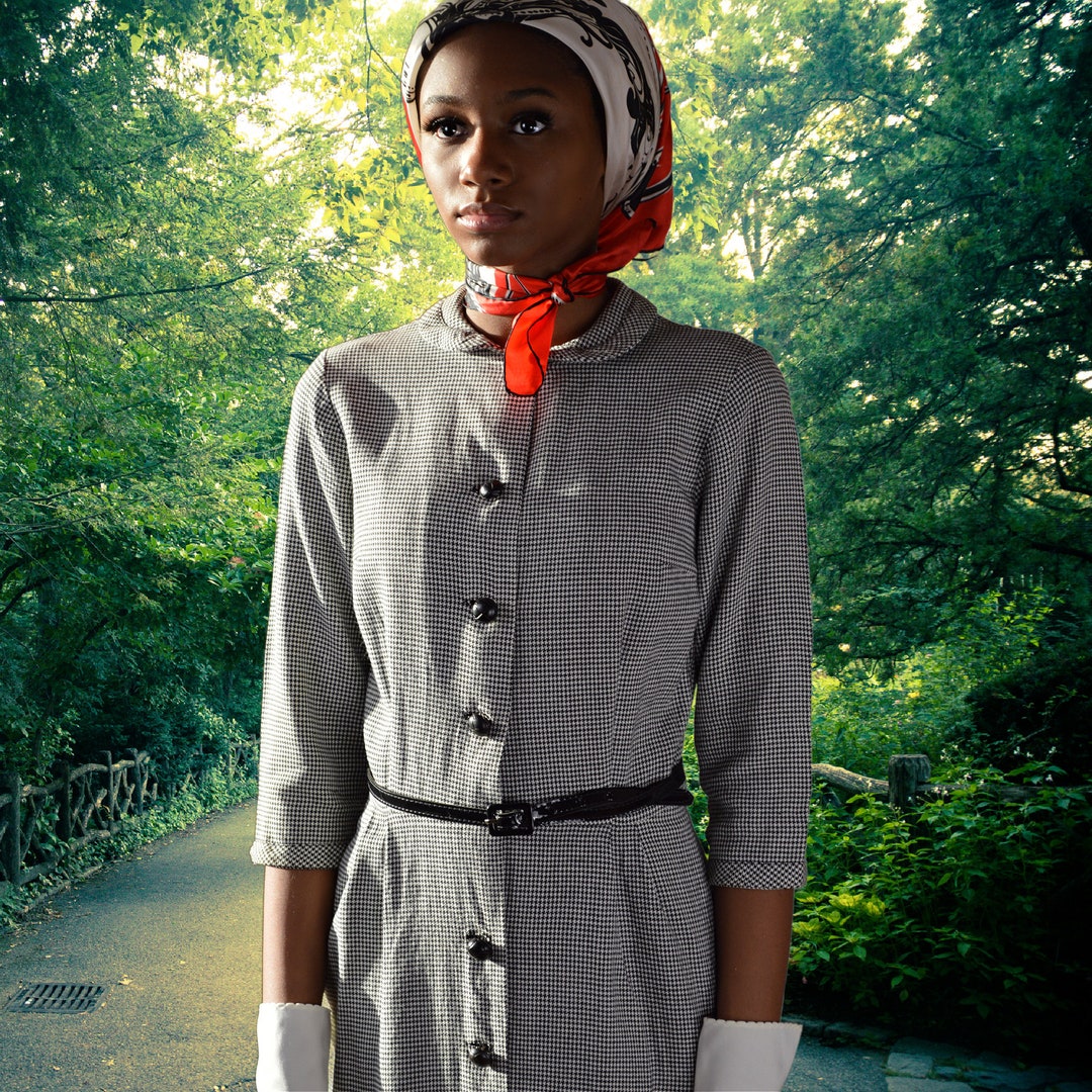 1950s Black & White Plaid Houndstooth Pencil Dress, Button up Front ...