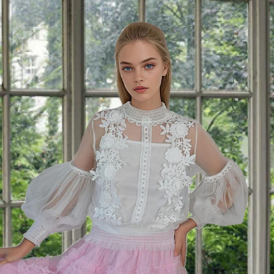 White Victorian Style Lace Ruffle Blouse, Steampunk Halloween, Sheer ...