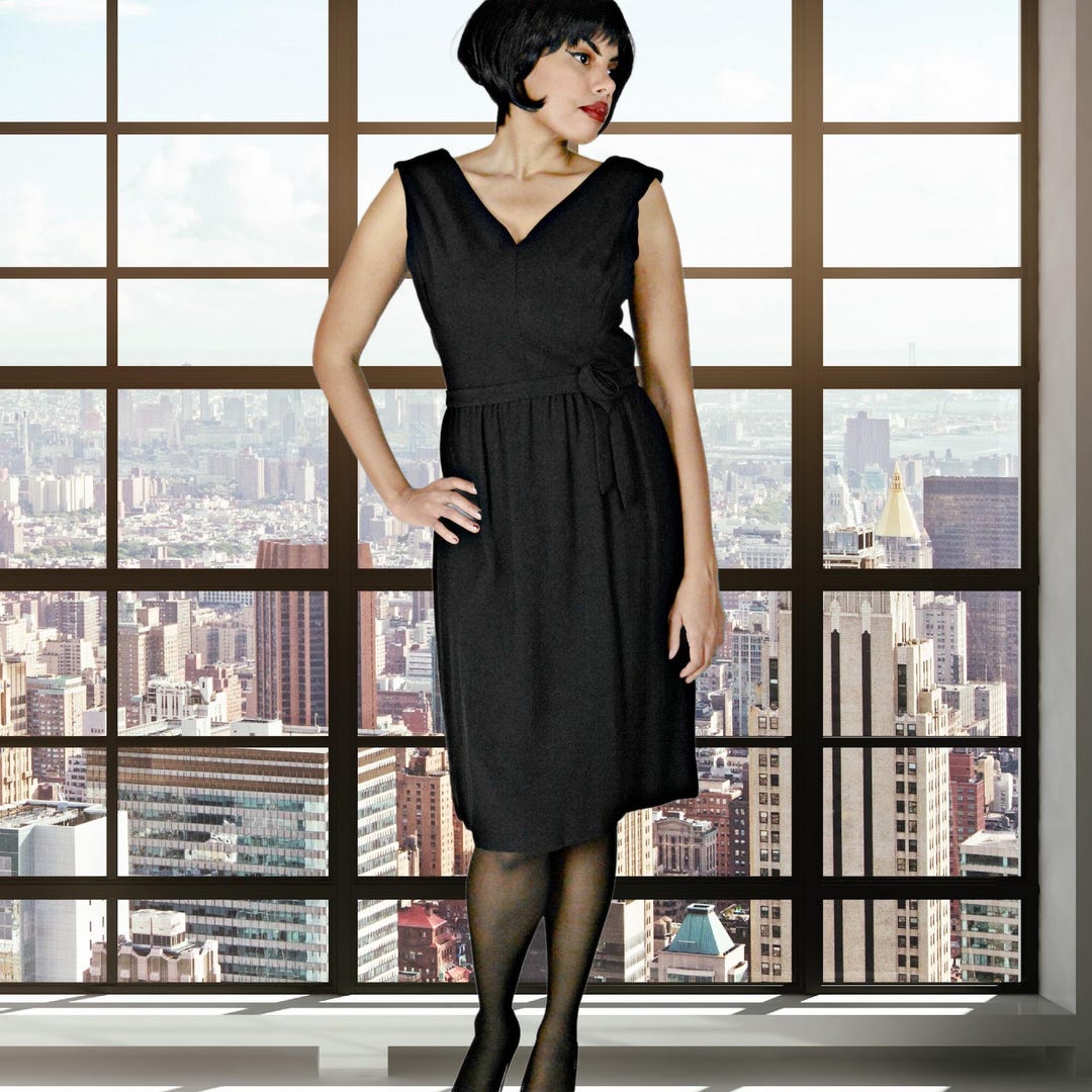 60s Retro Pencil Dress, Black Mock Wrap, Deep V-neck, Sleeveless Chic, Mid-century Cocktail ...