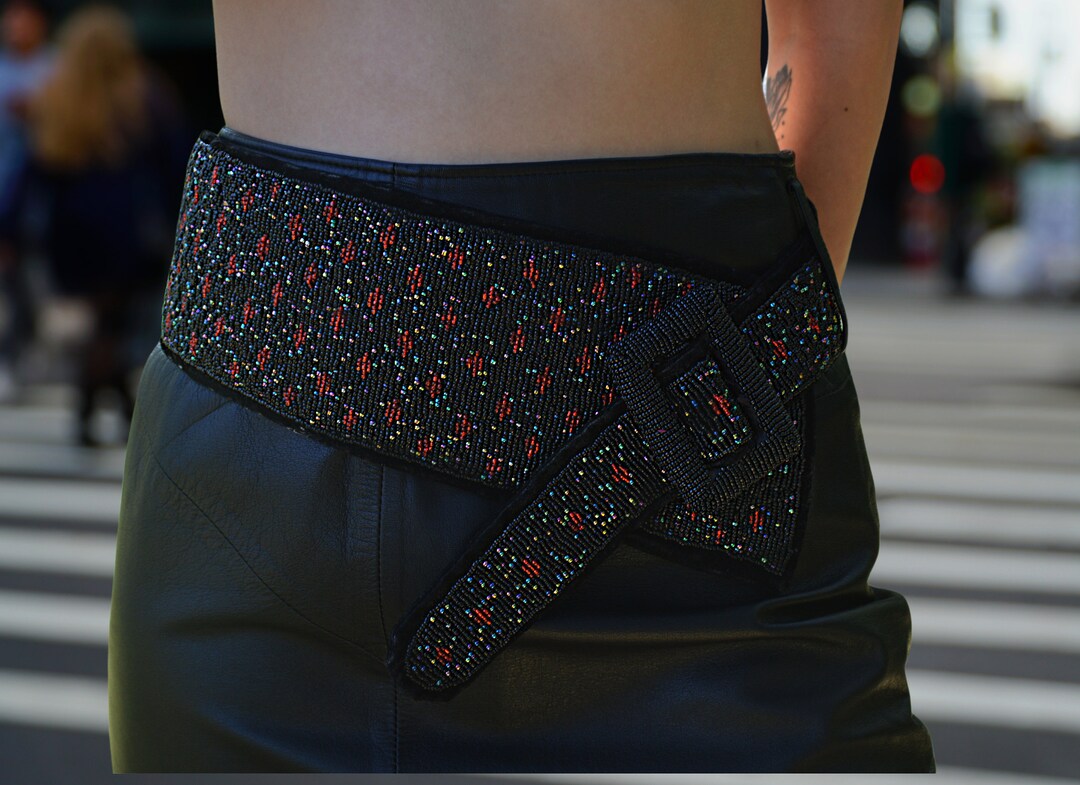 Black and Red Beaded Belt, Waist Wide Belt, High Low, Adjustable Length ...