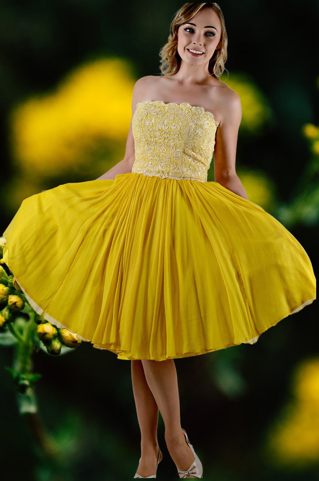 Yellow & Lace Strapless Prom Dress, Short Evening Dress, Silk Chiffon ...
