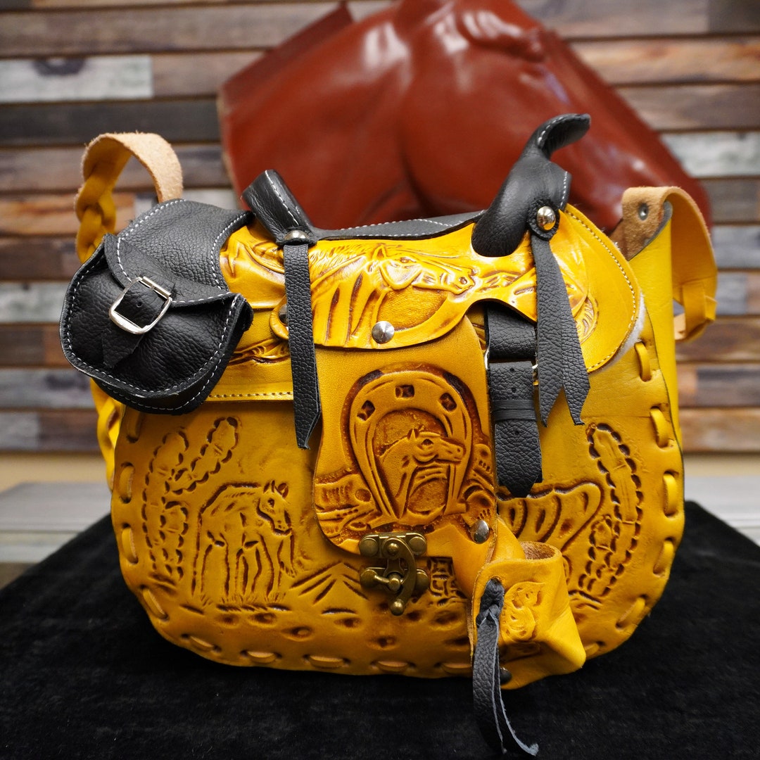 Vintage Tooled Leather Saddle Handbag, Golden Rod, Deep Red, Midnight ...