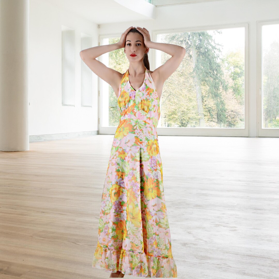 Vintage 1970s Floral Prom Dress & Jacket: Full-length Halter Gown ...