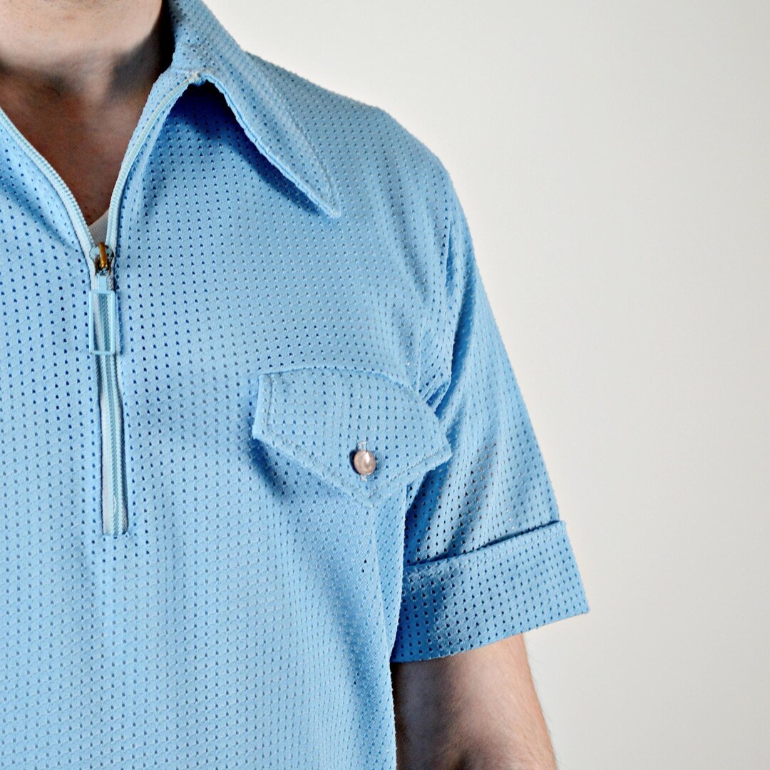 Men's 1980s Blue Mesh Shirt, Disco Shirt, Zipper Front, Polo Shirt ...