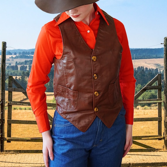 Dark Brown Leather Western Vest, 1970s Vintage, Size … - Gem