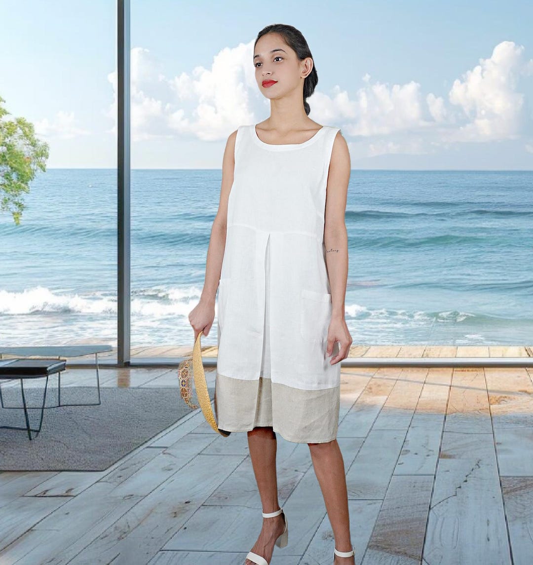 White & Tan Sleeveless Linen Dress, Oversized Shift Dress, Empire Waist ...