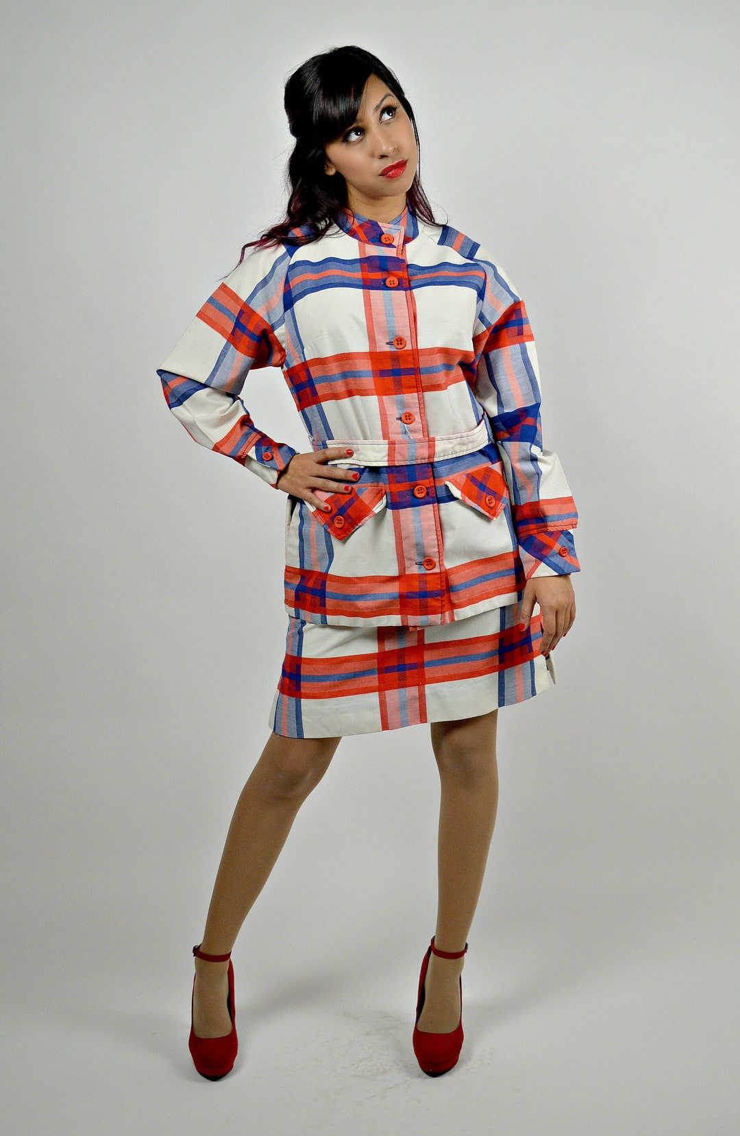 1960s Mod Suit, Jacket Skirt Set, Skort Skirt, Plaid Suit, 60s Outfit ...