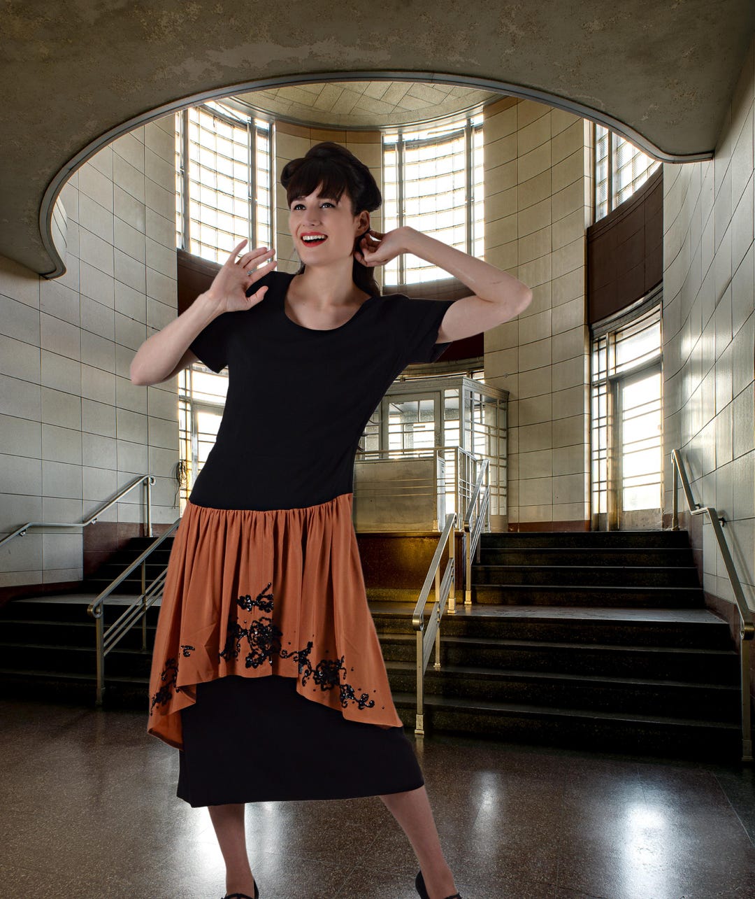 1940s Black & Burnt Orange Dress, Asymmetrical Peplum, Drop Waist ...