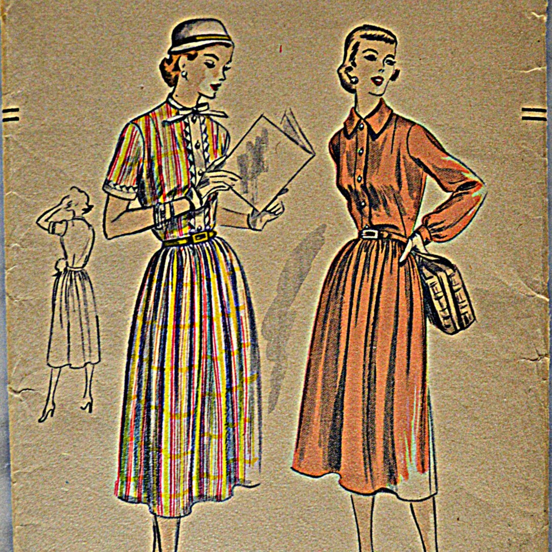 1950s Shirt Dress Pattern, Retro Patterns, Shirtwaist Day Dress, Bust ...