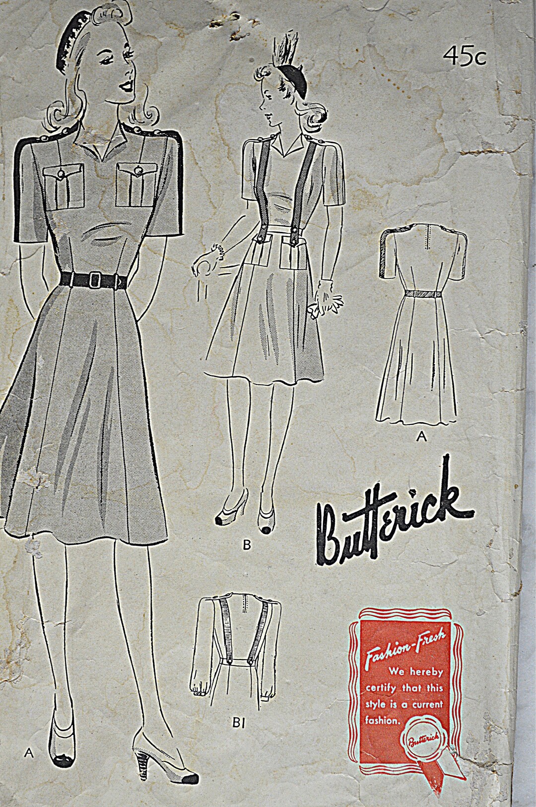 1940s Dress Sewing Pattern, Vintage Butterick Patterns, Knee Length ...