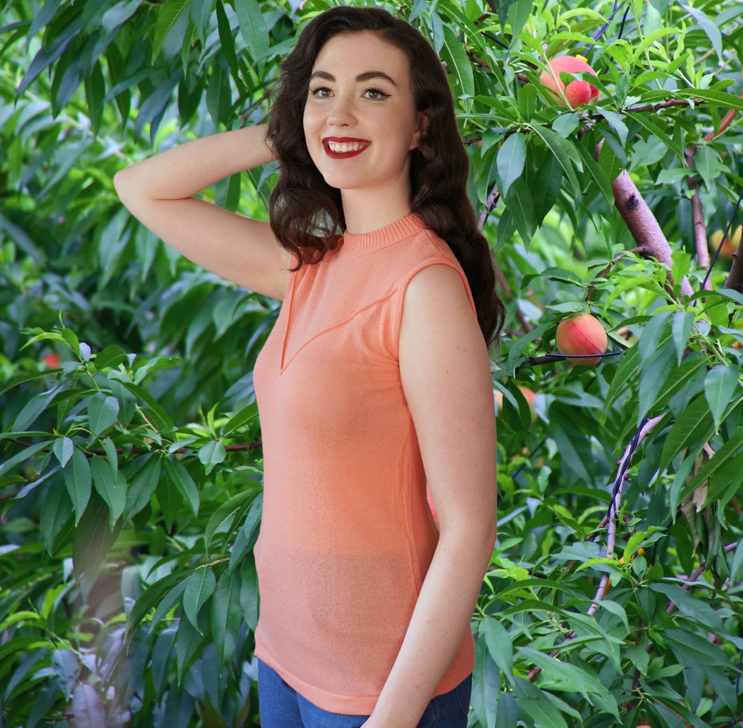Peach Knit Sleeveless Top, Jewel Neckline, 1970s Vintage Deadstock ...