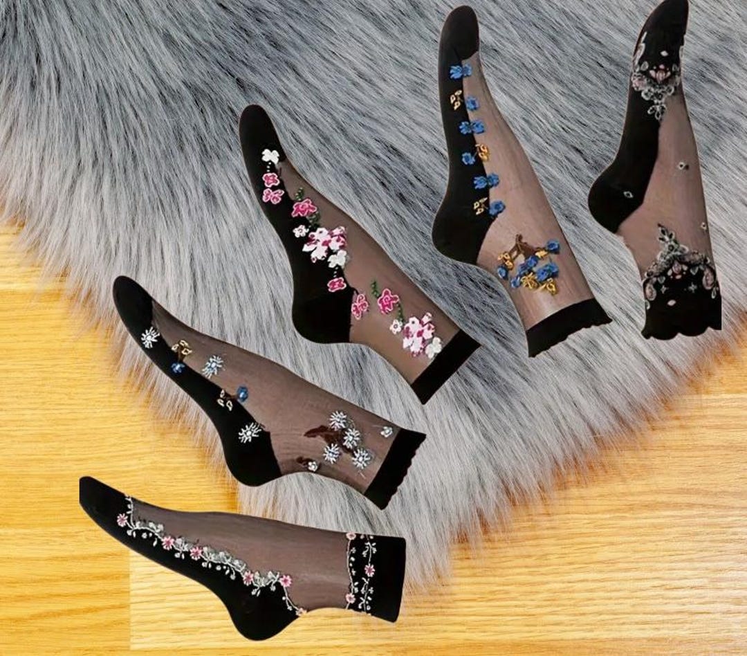 Black Sheer Floral Socks, Embroidered Tulle Crew Socks, Transparent ...