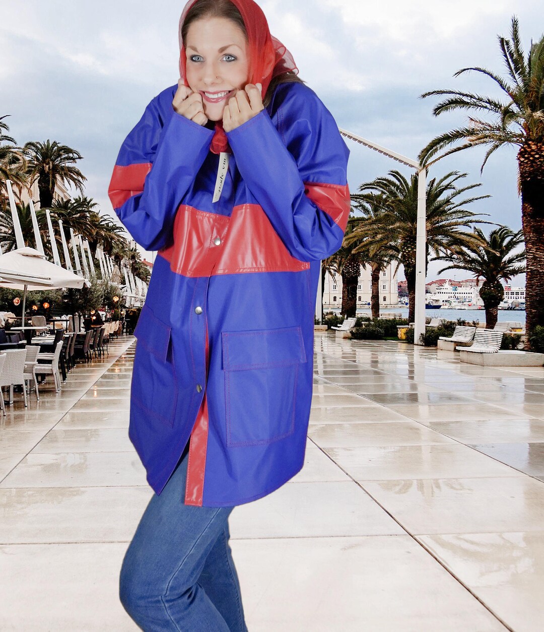 Vintage 1970s Rain Jacket, Blue & Red, 70s Rainwear Color Block, Size ...