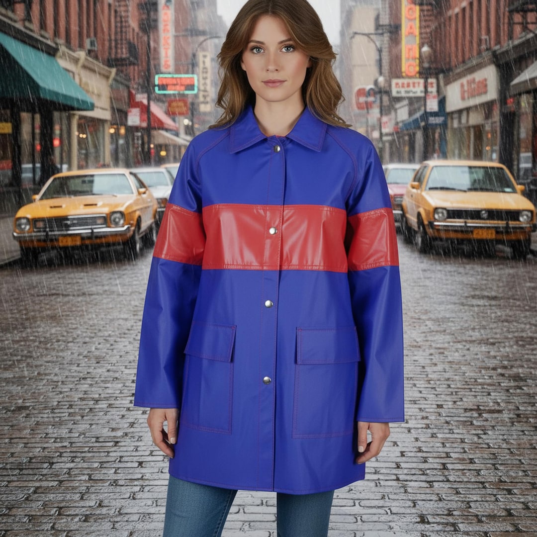 Color Block Rain Jacket: Oversized Rainwear, Blue & Red Striped ...