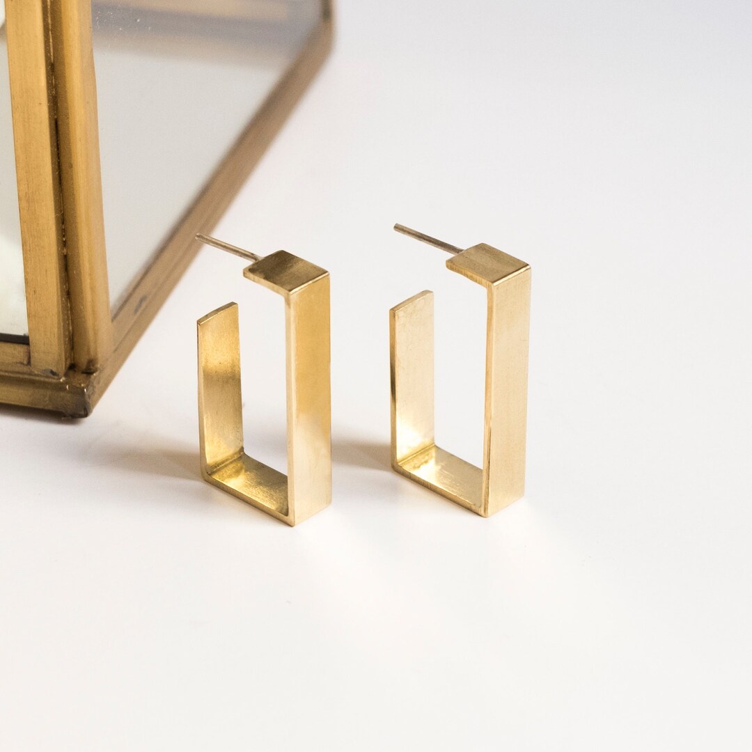 Architectural Brass Geometric Earrings, Avant Garde Rectangular Hoop ...