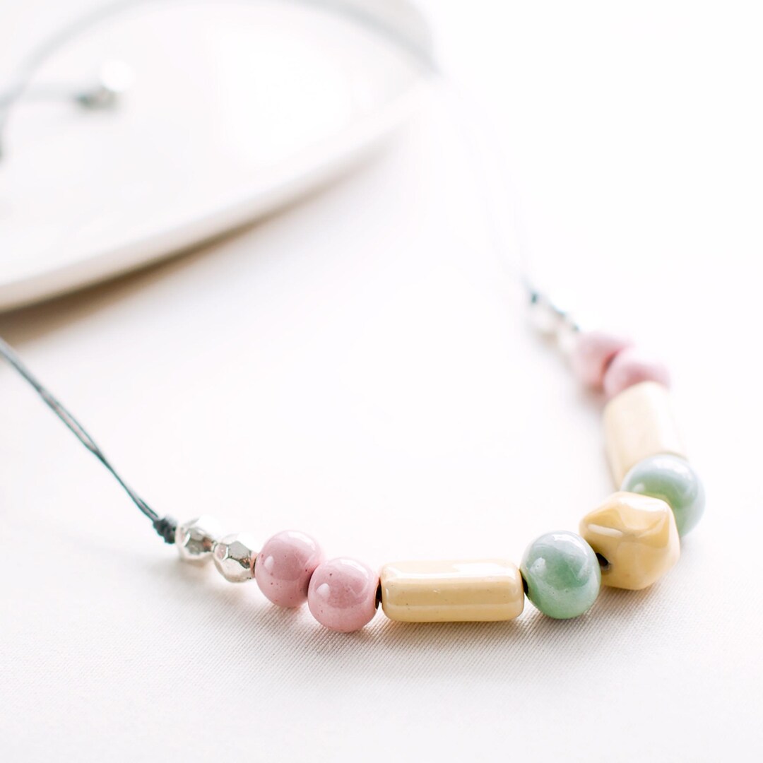 Pink, Yellow and Green Pastel Necklace, Sweet Statement Beaded Necklace ...