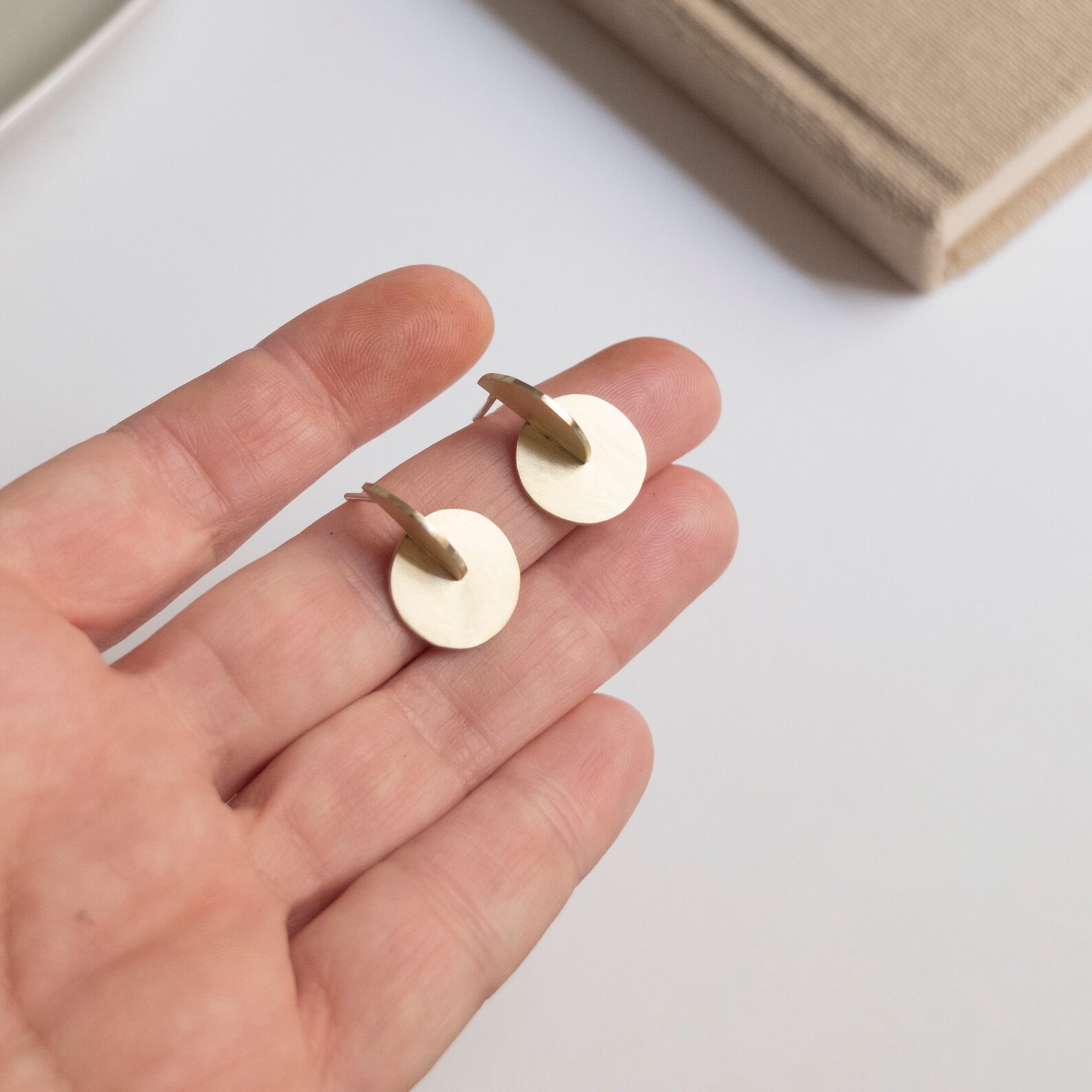 Bauhaus Geometric Earrings for Her, Minimalist Architectural Brass Disc ...